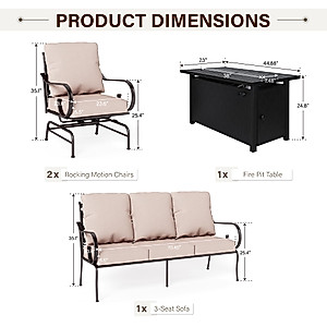 GREEN PARTY 4-Pieces Patio Furniture Set, Outdoor Metal Patio Conversation Set with Fire Pit Table, Patio Sofa with Cushions, Beige