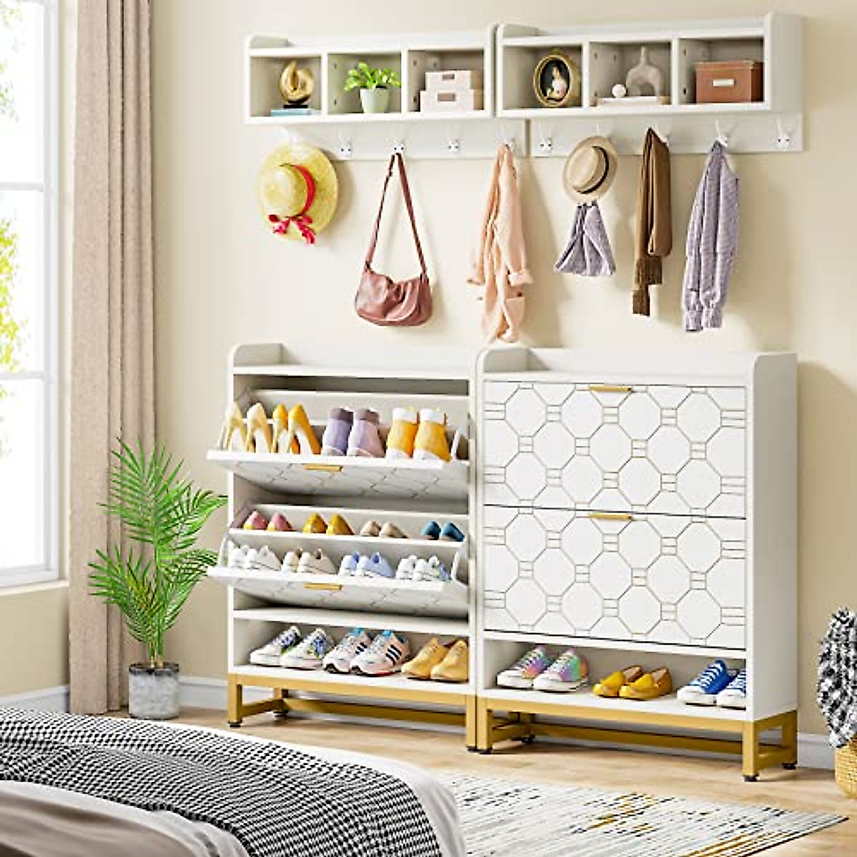 Tribesigns Shoe Storage Cabinet with Cubby Coat Rack, 3-in-1Design Free Standing Entryway Shoe Rack Cabinet with 2 Flip Drawers,5 Hooks,3 Storage Cubbies for Hallway, Mudroom, White and Gold