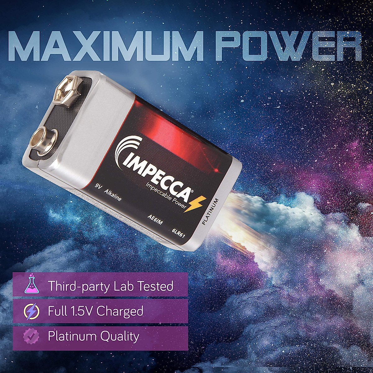 Impecca 9 Volt Batteries, Premium Alkaline (24-Pack) High Performance, Ultra Long Lasting, and Leak-Resistant All-Purpose 9V, 24 Count, 6LR61 - Platinum Series