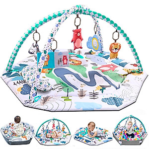 Bellababy Tummy Time Mat, 4-in-1 Baby Gym Activity Play Mat & Ball Pit, with High Contrast Toys & Self-Discovery Mirror & Tummy Time Pillow for Sensory and Motor Skill Development (Blue)