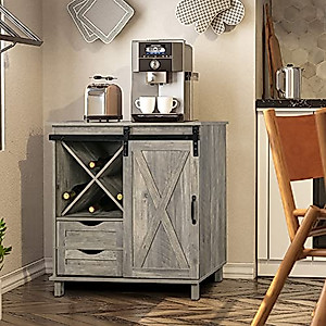 VINGLI Farmhouse Barn Door Wine Liquor Cabinet Home Coffee Bar Furniture w/Removable X-Shaped Wine Rack, Rustic Mini Buffet Sideboard Accent Storage Cabinet with 2 Drawers (Wash Grey)