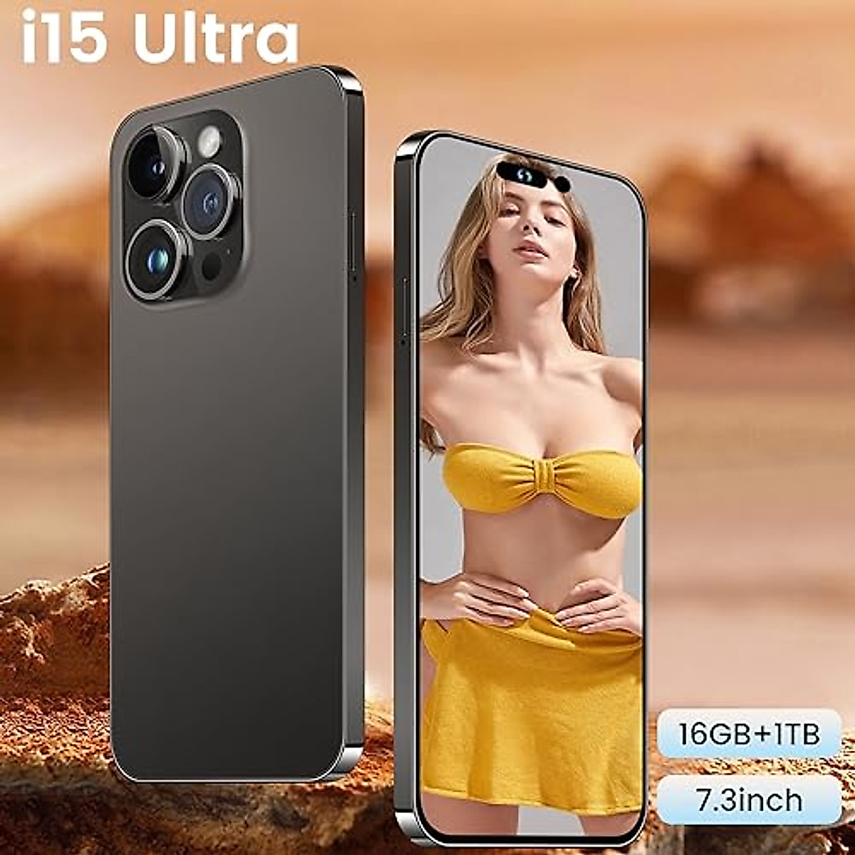 RAYPUR Unlocked Cheap Smart Phone for i15 Ultra, Android 5G Global Version Mobile Phones, 7.3Inch Incell HD Capsule Screen, Support Face Recognition,Black-1TB