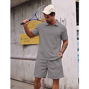 Babioboa Men's Tracksuit Polo Sirt and Shorts Set Solid Waffle Jersey Polo Short Suit Zip up 2 Piece Outfits(Grey,XXL)