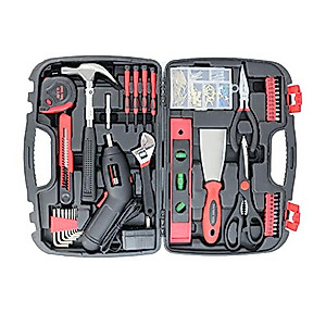 Small Home Tool Kit included Battery Screwdriver Cordless Women's Tool Kit with Case-SAVWAY P7994 Hand Tool Set with Black Toolbox for DIY Projects