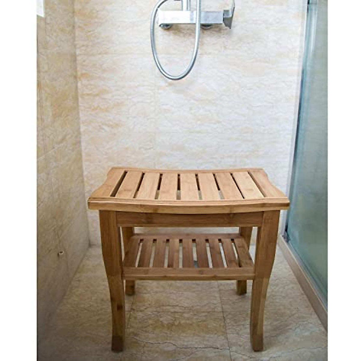 Sangsan Bamboo Shower Stool Shower Bench - Shower Bath Seat 2-Tier Spa Stool Foot Rest with Storage Shelf and Non-Slip Feet, Organizer for Bathroom Indoor & Outdoor, Natural