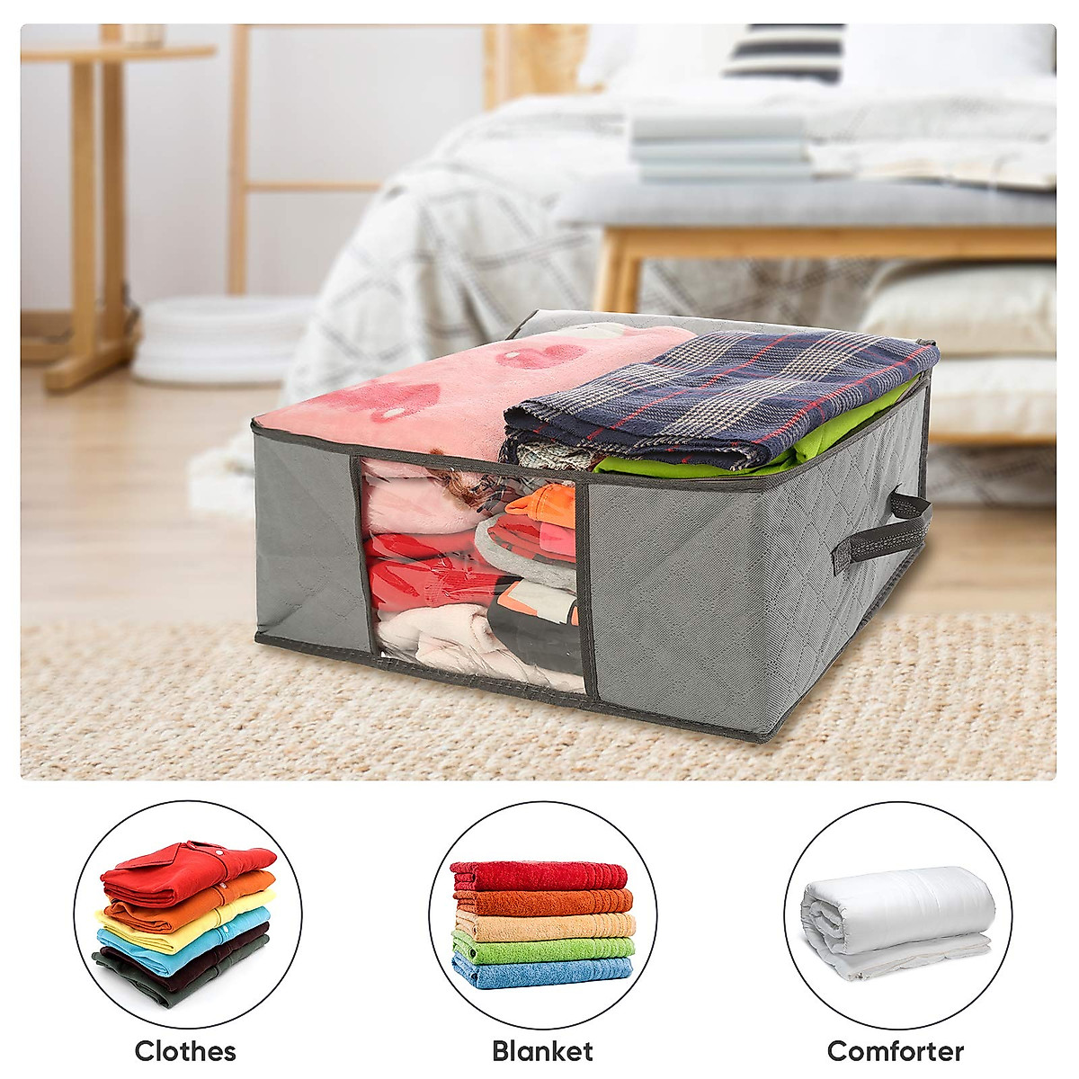 Gbdilo Foldable Storage Bag Organizers, Large Clear Window & Carry Handles, Great for Clothes, Blankets, Closets, Bedrooms, and More 3-Pack