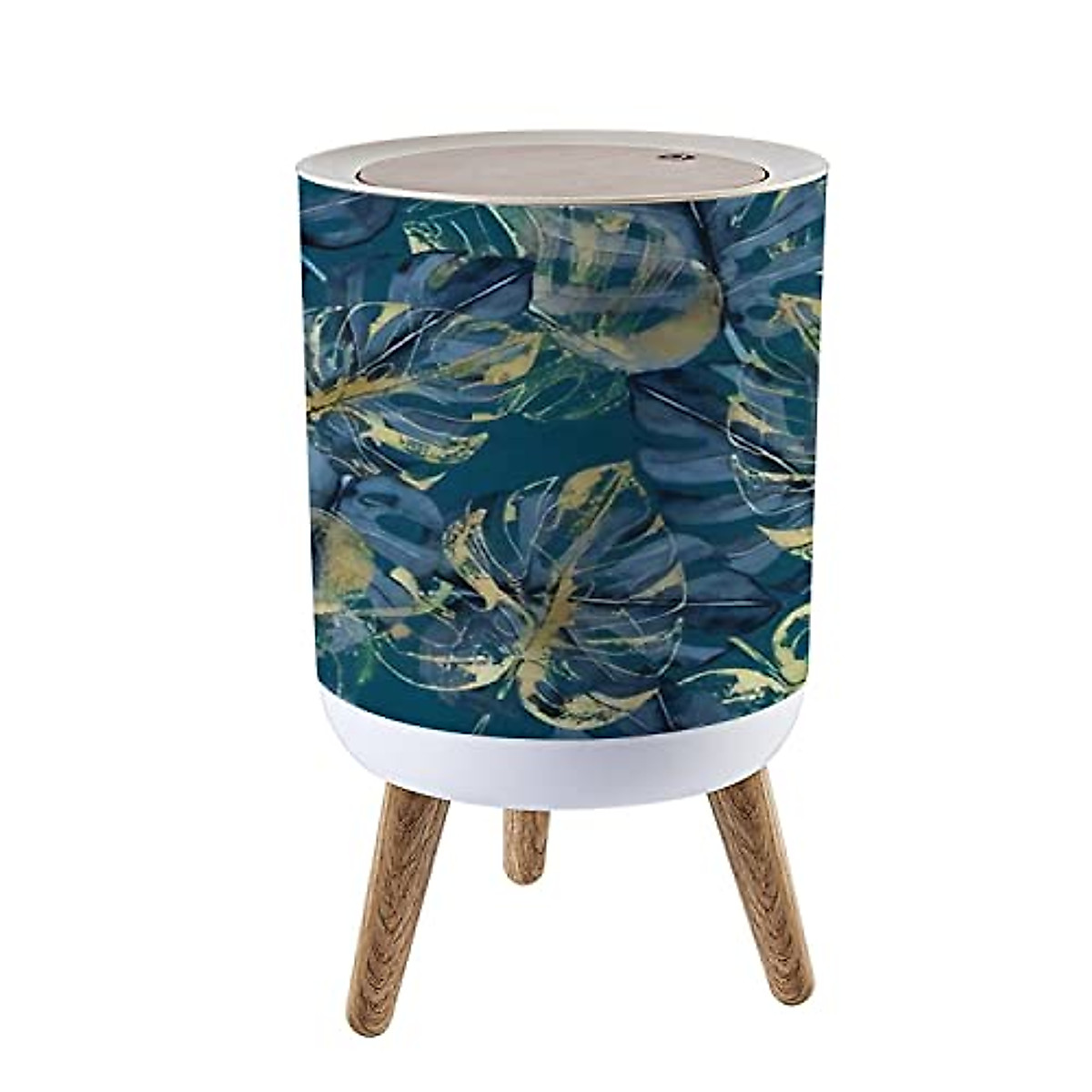 Small Trash Can with Lid Watercolor seamless with navy blue and golden tropical leaves on a Garbage Bin Wood Waste Bin Press Cover Round Wastebasket for Bathroom Bedroom Diaper Office Kitchen