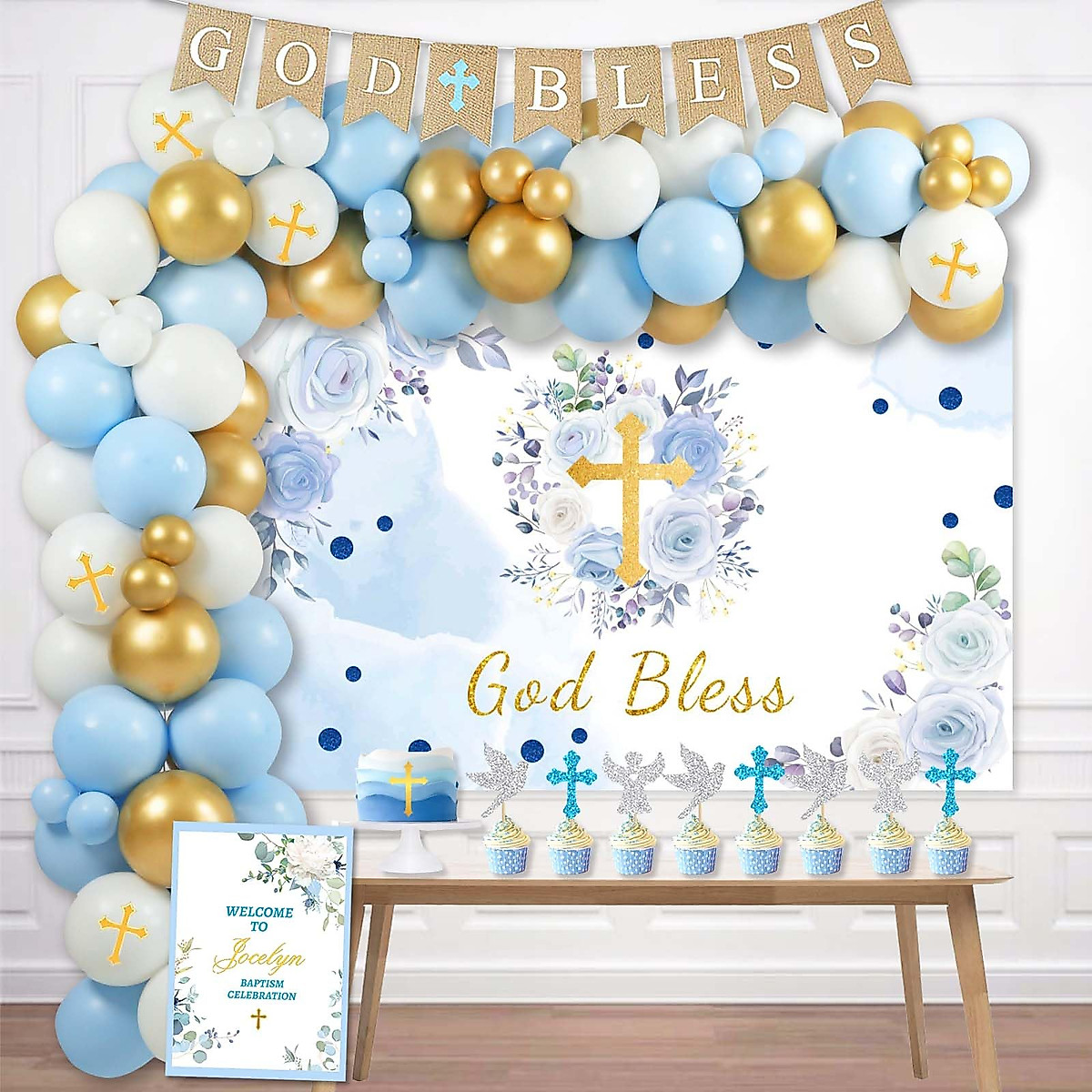 Fiesec Baptism Decorations for Boys, First Communion Christening Party Decorations God Bless Backdrop Balloon Garland Arch Linen Banner Poster Cake Cupcake Topper White Gold Blue