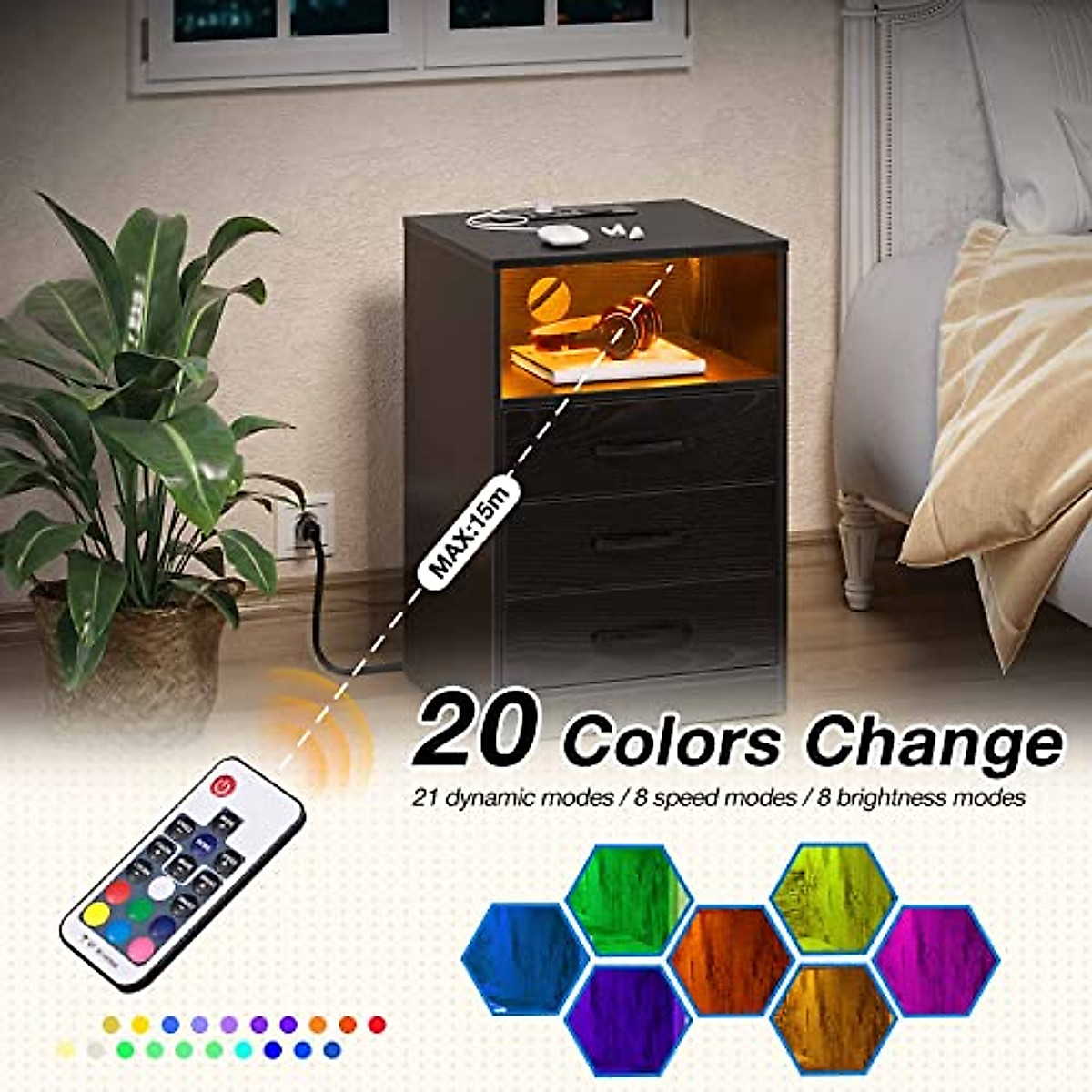 Seventable Nightstand with Wireless Charging Station and LED Lights, Modern End Side Table with 3 Drawers and Open Compartment for Bedroom, Black