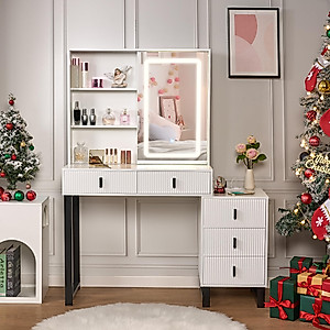 ANWBROAD Makeup Vanity Desk with Mirror and Lights White Vanity with Power Outlet Modern Dressing Table with 3 Lighting Modes Brightness Adjustable Sliding Mirror 5 Drawers Shelves Bedroom UBDT62W