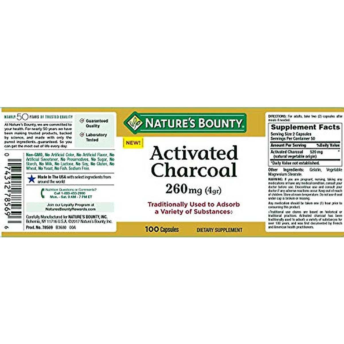Nature's Bounty Activated Charcoal 260 mg, 100 Capsules, Dietary Supplement to Support a Healthy Lifestyle