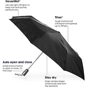 totes Titan Automatic Open Close Windproof & Water-Resistant Foldable Umbrella, Black