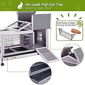 Indoor Rabbit Hutch Bunny Cage with 4 Casters, Bunny Hutch -Removable Wire Grate