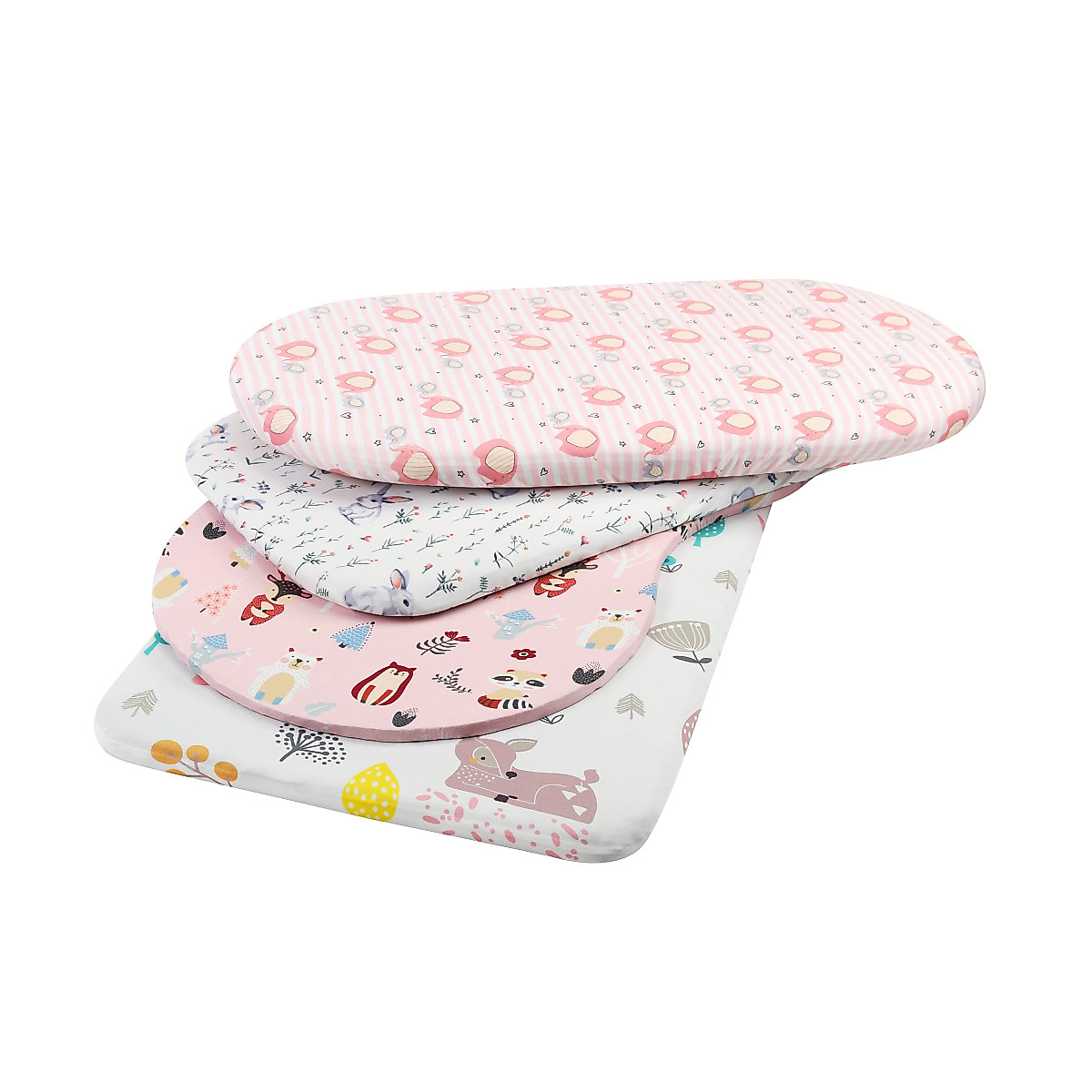 Bassinet Sheets for Baby Boy and Girl, Stretchy Breathable Fitted Sheet Universal for Bassinet Cradle Hourglass Oval Rectangle Pad/Mattress, 4 Pack Deer, Elephant, Rabbit and Squirrel Printing
