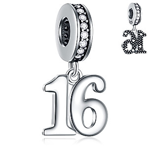 16 Birthday Dangle Charms fits Pandora Anniversary Bracelet, 925 Sterling Silver 16th Celebration Pendant Beads with CZ, Sweet Number 16 Years Gifts for Sister/Daughter/Son