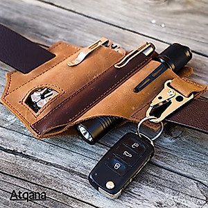Atqana Multitool Sheath for Belt - EDC Pocket Organizer | Leatherman Holster | Leather Multitool Pouch with Pen Holder, Flashlight Sheath and Key Fob Clip | Handmade Leather EDC Organizer (Brown)