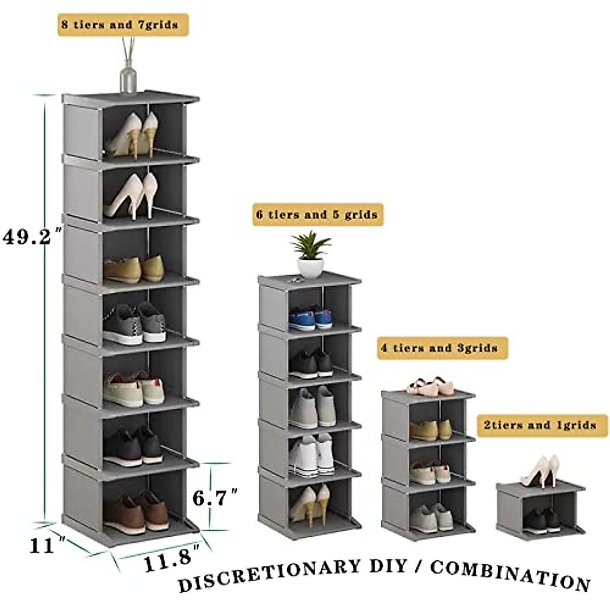 Narrow Shoe Rack 8 Tiers, Tall Skinny Shoe Organizer, Small Space and Vertical Shoe Rack, Suitable for Entryway,Hallway,Closet, Corner, Bedroom and Garage Shoe Shelf (Classic Grey