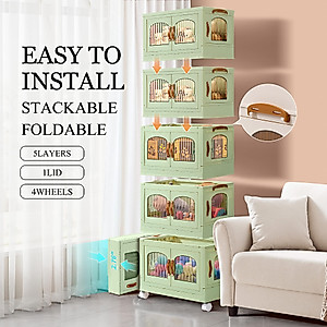 EHAMILY Stackable Storage Bins with 1 Lid Set 5 Tier,8.4 Gal Clear Plastic Folding Storage Box with Wheel and Door,Large Foldable Cabinet Collapsible Bin for Closet Organizer,Clothes,Green