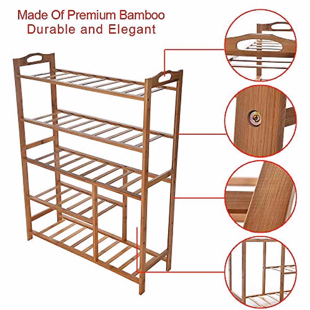 BB67 Home Free Standing Bamboo Shoe Rack Wooden Stackable Entryway Organizer 5 Tiers