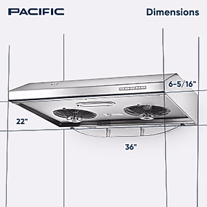 Pacific Auto Clean Under Cabinet Ducted Range Hood 36" - 900 CFM Powerful Kitchen Vent Hood - Electric Stainless Steel, Ultra Quiet, Touch Control, Filterless, LED Lights, Auto Cleaning ‎AC3036BS