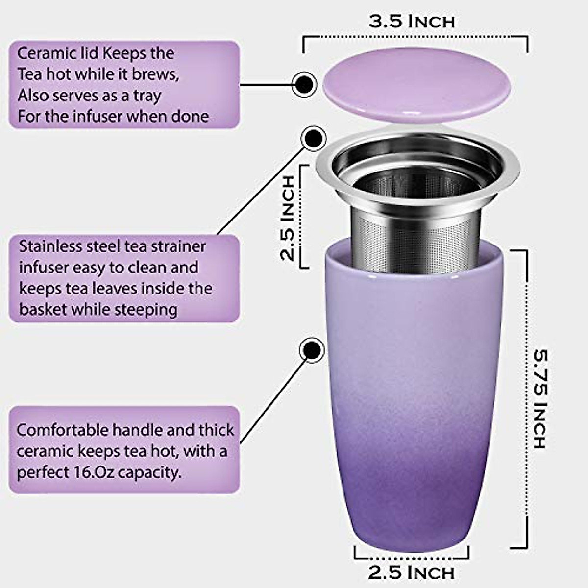 Bruntmor Ceramic Tea Infuser Mug With Stainless Steel Infuser And Removable Lid, Microwave Oven And Dishwasher Safe, Great For Use With Loose Tea Leaves And Sachets (16 oz, Gradient Purple)