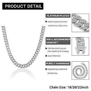 MOFEIJEWEL Miami Cuban Link Chain Necklace Bling CZ Diamonds Chain Iced Out Hip Hop Jewelry Gifts for Men Women Gold Silver (18 inch, Silver)