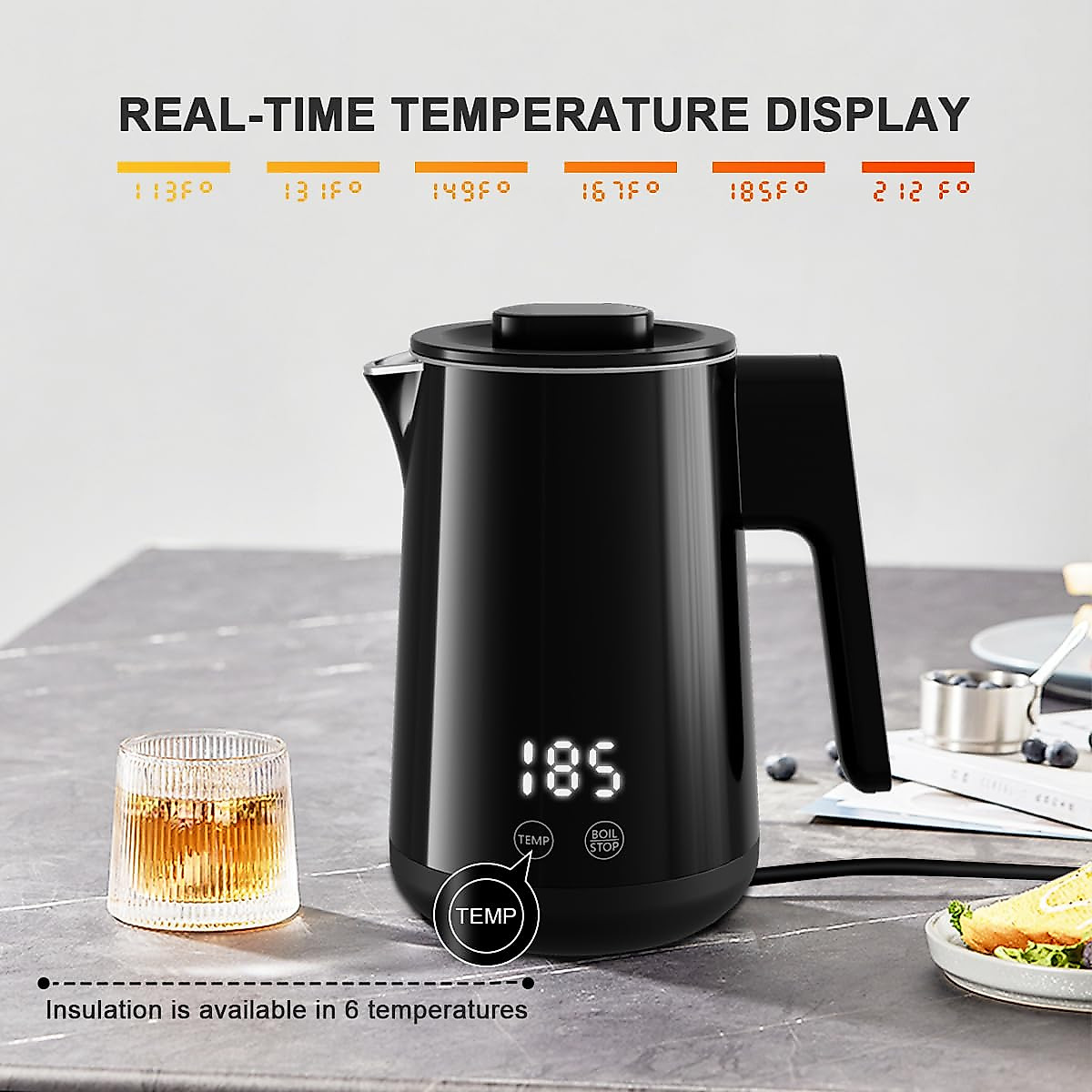 Electric Kettle, 0.8L 1000W Temperature Controlled Kettle Tea Pot, 304 Stainless Steel Water Heater, Fast Heating with Auto Shut-Off & Boil-Dry Protection, Black