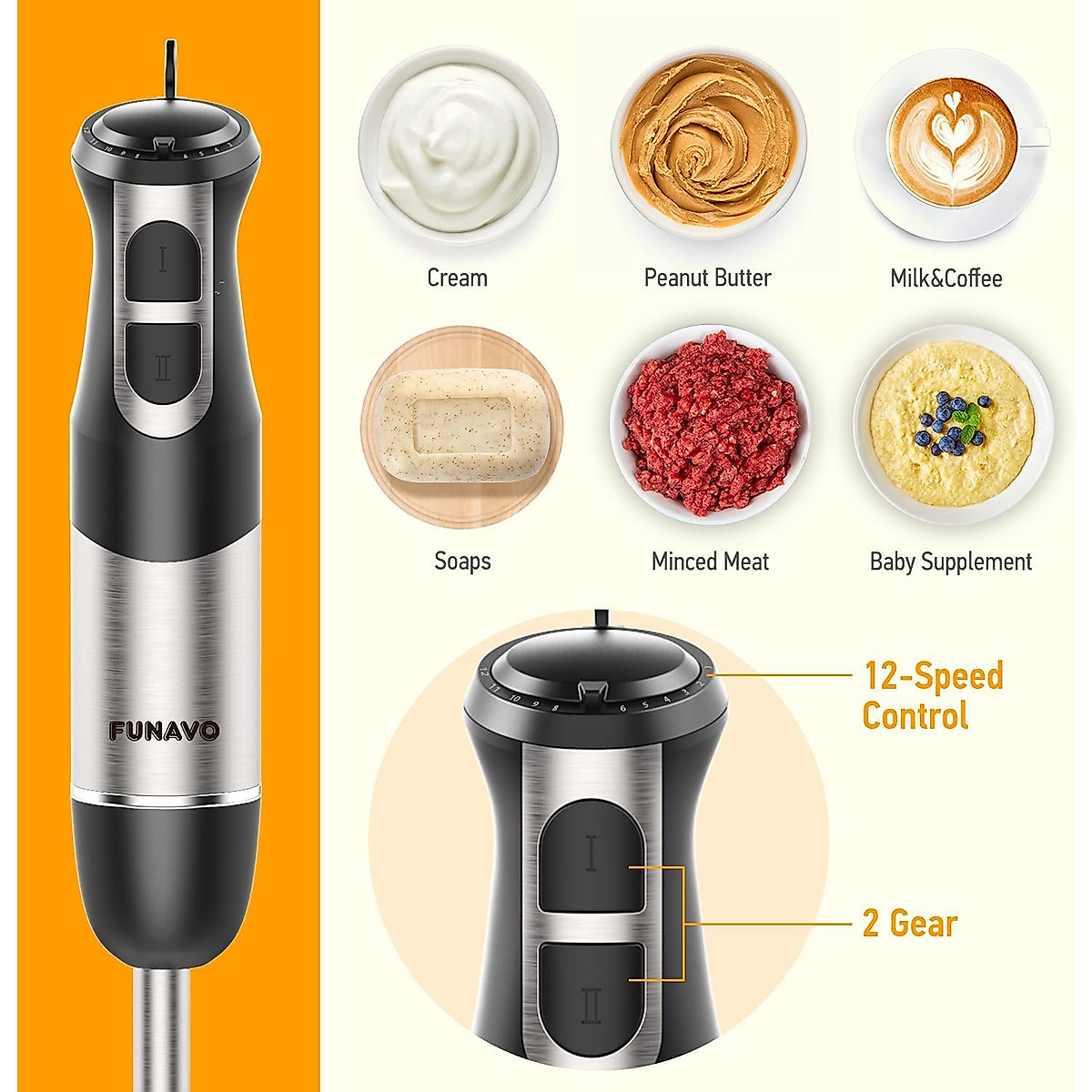 Hand Blender, 800W 5-in-1 Immersion Hand Blender,12-Speed Multi-function Stick Blender with 500ml Chopping Bowl, Whisk, 600ml Mixing Beaker, Milk Frother Attachments, BPA-Free (Black)