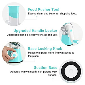 Elyum Rotary Cheese Grater Manual Cheese Grater with Handle 3 Interchangeable Stainless Steel Blades Cheese Shredder Strong Suction Base Cheese Graters for Kitchen Vegetables, Cheese and Nuts (Blue)