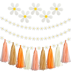 Tudomro 2 Pcs Daisy Groovy Boho Garland with 20 Pcs Paper Tassels, Groovy Party Decorations Hippie Daisy Felt Banner Artificial Daisy Party Favor for Wedding Birthday Party Bridal Decorations(Daisy)