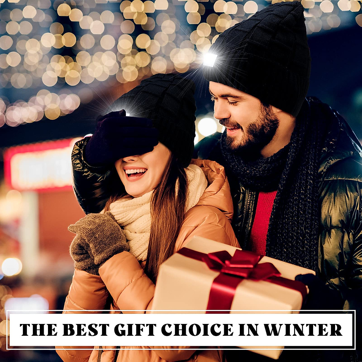 2 Pcs Beanie with Light 5 LED Beanie Hat Cool Stuff for Men Cool Camping Gadgets for Women Adult Knitted LED Stocking Cap Headlamp Winter Hat Christmas Stocking Stuffers Gifts, Battery Powered