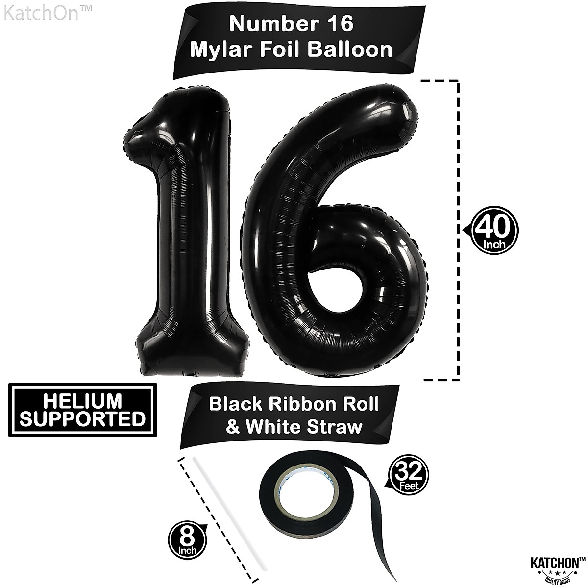KatchOn, Giant Black 16 Balloon Numbers - 40 Inch | 16 Birthday Balloons for Sweet 16 Birthday Decorations | 16th Birthday Decorations for Boys | Sixteen Balloon, 16th Birthday Decorations for Girls