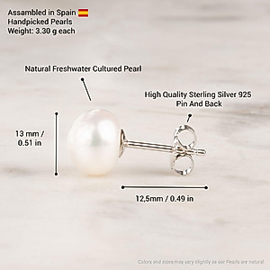 Women Pearl Stud Earrings. Fresh Water Cultured Pearls Button Shape Secret & You | 925 Sterling Silver Mounts | Available in 10 sizes from 4 mm to 13 mm