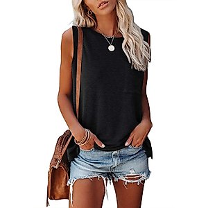 MIROL Women's Sleeveless Tank Tops Basic Loose Tunic T Shirts Batwing Sleeve Solid Color Casual Tee with Pocket Black