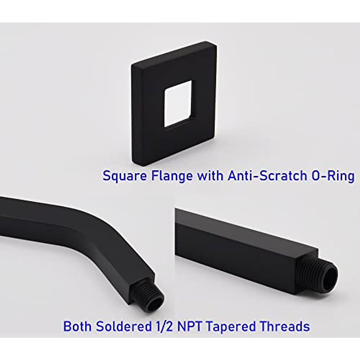 Aquaiaw Square Shower Arm and Anti-Scratch O-Ring Flange, Solid Brass, 8 inch, Both Soldered 1/2-14 NPT Tapered Threads, Wall Mount Shower Head Extension Arm (Matte Black)