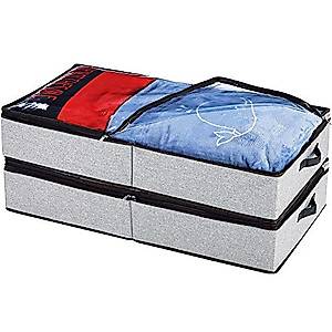 HOONEX Under Bed Storage Containers Zippered Clear Top Lid, Outer Linen Fabric, Reinforced Frame and Sturdy Bottom, 2 Leather Carrying Handles, 2 Pack, Grey