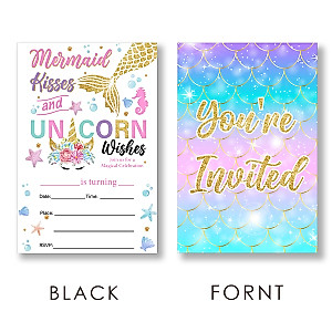 EUDOSI Unicorn Mermaid Birthday Party Invitations Supplies Fill-In Set of 20 with Envelopes Kisses and Unicorn Wishes Birthday Bash Invites Cards, Double Sided
