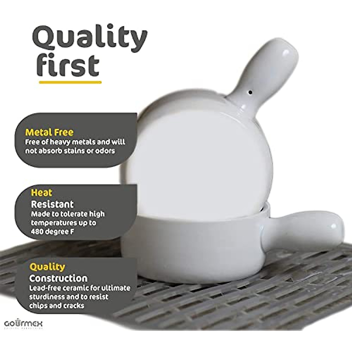 GOURMEX French Onion Soup Bowls with Handles | Stackable Ceramic Bowl Set | Ideal Cereal, Salad or Soup Mug | Microwave, Oven and Dishwasher Safe | Set of 4 (15 OZ)