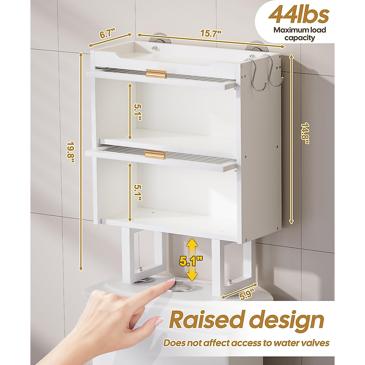 Cozivolife Over The Toilet Storage Cabinet,Bamboo Bathroom Organizer Rack with Lid and 2 Hooks,Space Saver Shelf for Bathroom,No Drilling Design Wall Mounted (White, L)