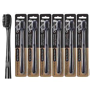 Hello Charcoal Infused Soft Bristle Toothbrush, Black, BPA Free, Vegan, Plant Based Handle, 1 Count (Pack of 6)