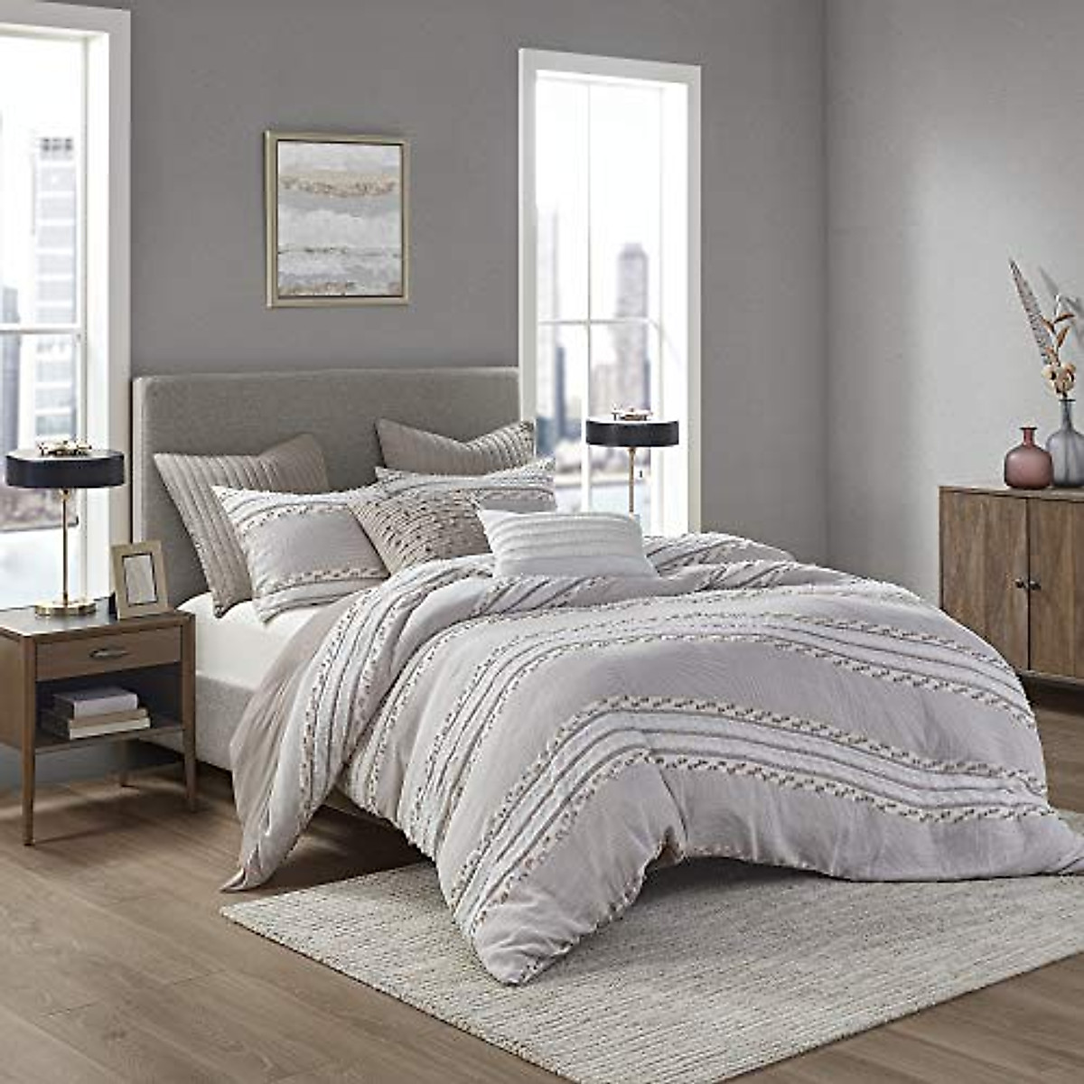 INK+IVY 100% Cotton Comforter Set Trendy Stripe Textured Design, Modern Down Alternative, All Season Cozy Bedding with Matching Shams, King/Cal King, Taupe Jacquard Stripes