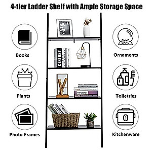 Tangkula Industrial 4-Tier Ladder Shelf, Leaning Against The Wall Bookshelf for Living Room Office, Multipurpose Storage Rack Shelves with Metal Frame, Plant Flower Stand (Black)