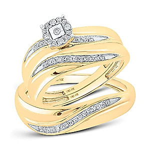 Sizes - L = 5.5, M = 11.5 - 10K Yellow Two Tone Gold Round Diamond Halo Circle Trio Three Ring Set - Matching His and Hers Engagement Ring & Wedding Bands - Prong Set Solitaire Center Setting Shape (1/5 cttw.) - Please use drop down menu to select your de