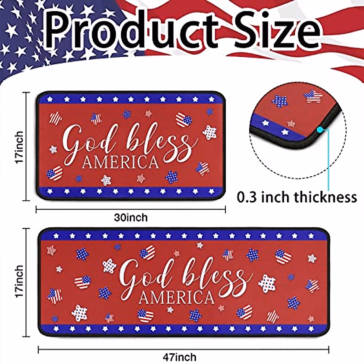 Protikol Fourth of July Kitchen Rugs Set 2 Pieces Independence Day Non Skid Kitchen Floor Rug and Mat Red Blue Kitchen Runner Rug Mat for Indoor Home Kitchen Decor 17"x47"+17"x30"