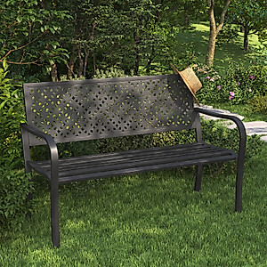 Wanmwill Outdoor Benche, All-Weather Garden Bench, Cast Iron Metal Frame Patio Bench with Floral Pattern Backrest and Armrests for Porch, Lawn, Garden, Yard, Fit 2-3 People Comfortably（Star Black）