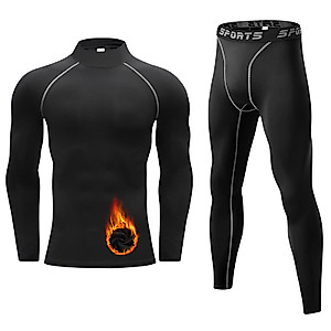Thermal Underwear for Men Hunting Ski Base Layer Men Cold Weather Fleece Lined Long Johns for Men Turtleneck Thermal Compression Shirts for Men Top and Bottom Underlayer Set,Quick Dry 32375 Black L