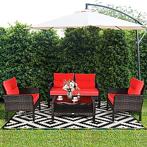 Tangkula 4 Piece Patio Furniture Set, Outdoor Wicker Conversation Set with Glass Top Coffee Table, All Weather Proof and Thick Cushions, Suitable for Porch, Garden, Poolside and Lawn (Red)