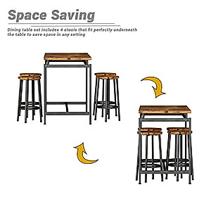 LinkRomat Dining Room Table Set, Bar Set for 4, Kitchen with 4 Round Stools, 5 Piece Height Pub Dinner Bistro and Chairs Small Spaces, Brown, Rustic Brown, 47.24 x 23.62 x 35.04''(Heighten)