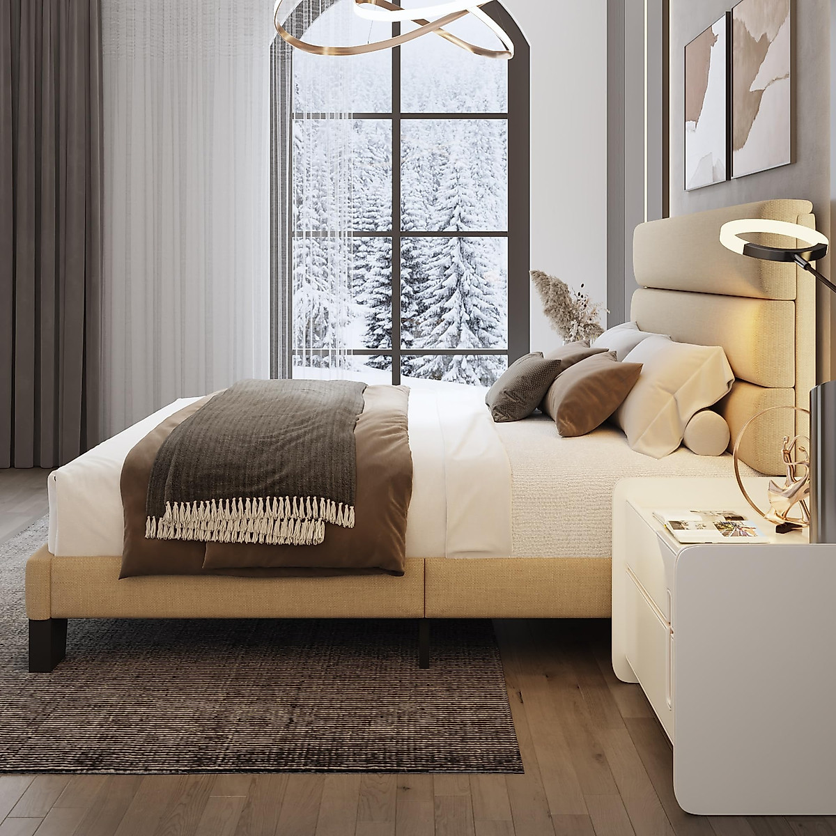 WEEWAY Queen Bed Frame Platform Bed with Linen Fabric Upholstered Headboard and Wooden Slats Support, Heavy Duty Mattress Foundation, No Box Spring Needed, Easy Assembly, Beige
