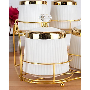 Acar White Gold7 Pcs Spice Bowls Porcelain Condiment Pots, Porcelain Spice Jar, Porcelain Seasoning Jar with Metal Stand